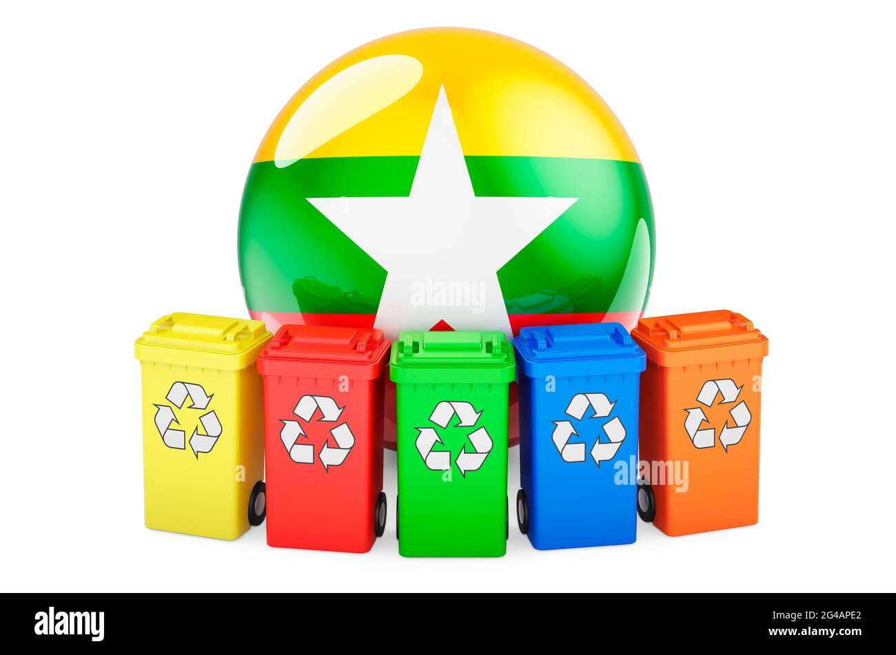 Waste recycling in Myanmar. Colored recycling bins with Myanmar flag ...
