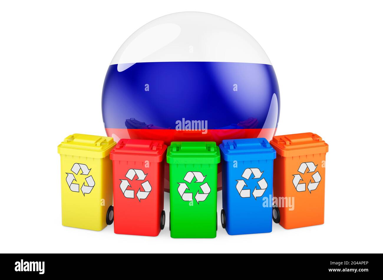 Waste recycling in Russia. Colored recycling bins with Russian flag, 3D ...