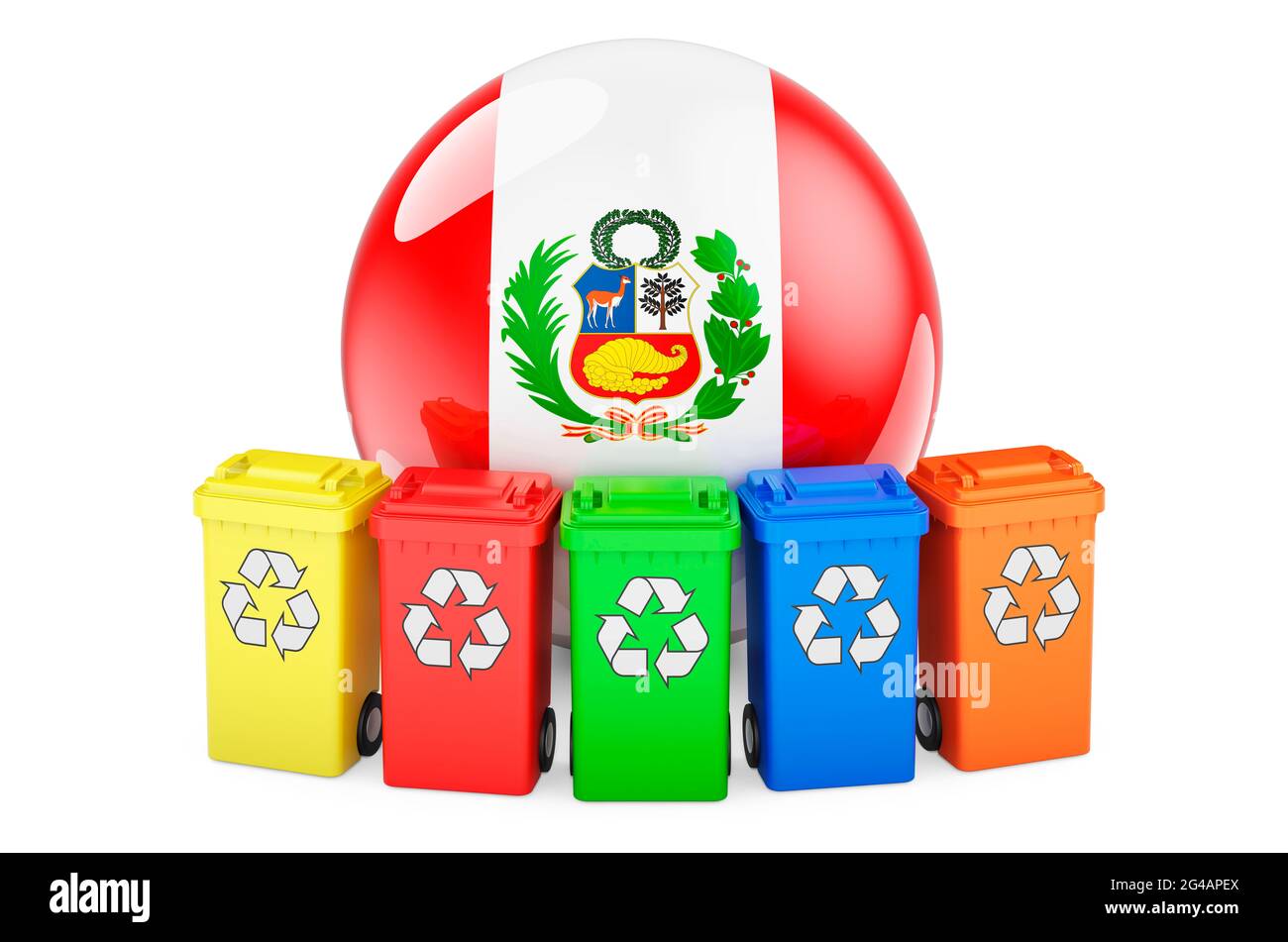 Waste recycling in Peru. Colored recycling bins with Peruvian flag, 3D ...