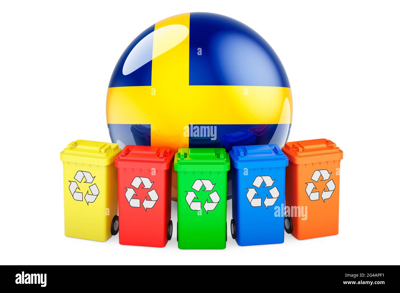Waste recycling in Sweden. Colored recycling bins with Swedish flag, 3D ...