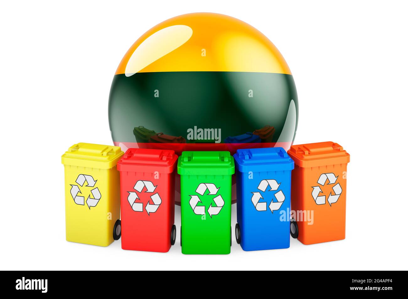 Waste recycling in Lithuania. Colored recycling bins with Lithuanian ...