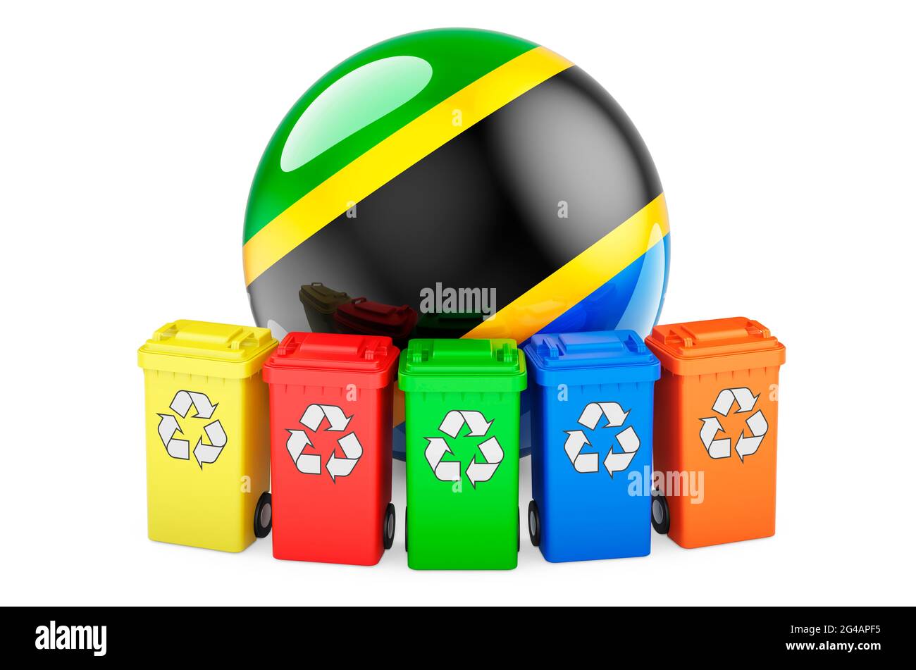 Waste recycling in Tanzania. Colored recycling bins with Tanzanian flag ...
