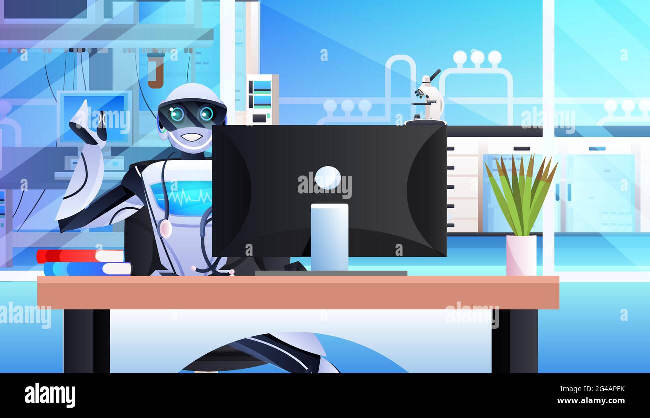robot sitting at workplace robotic businessperson working in office ...