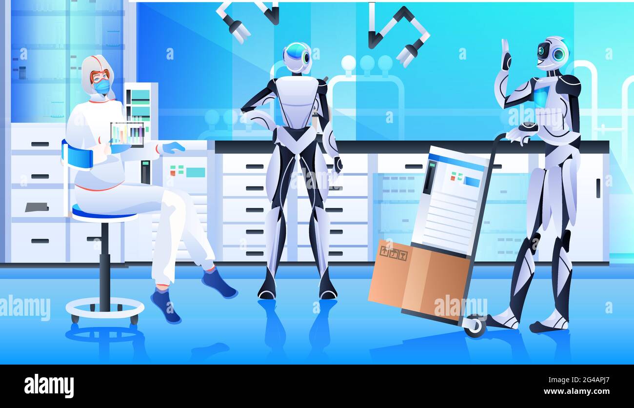 robots with scientist in protective suit making experiments in lab ...