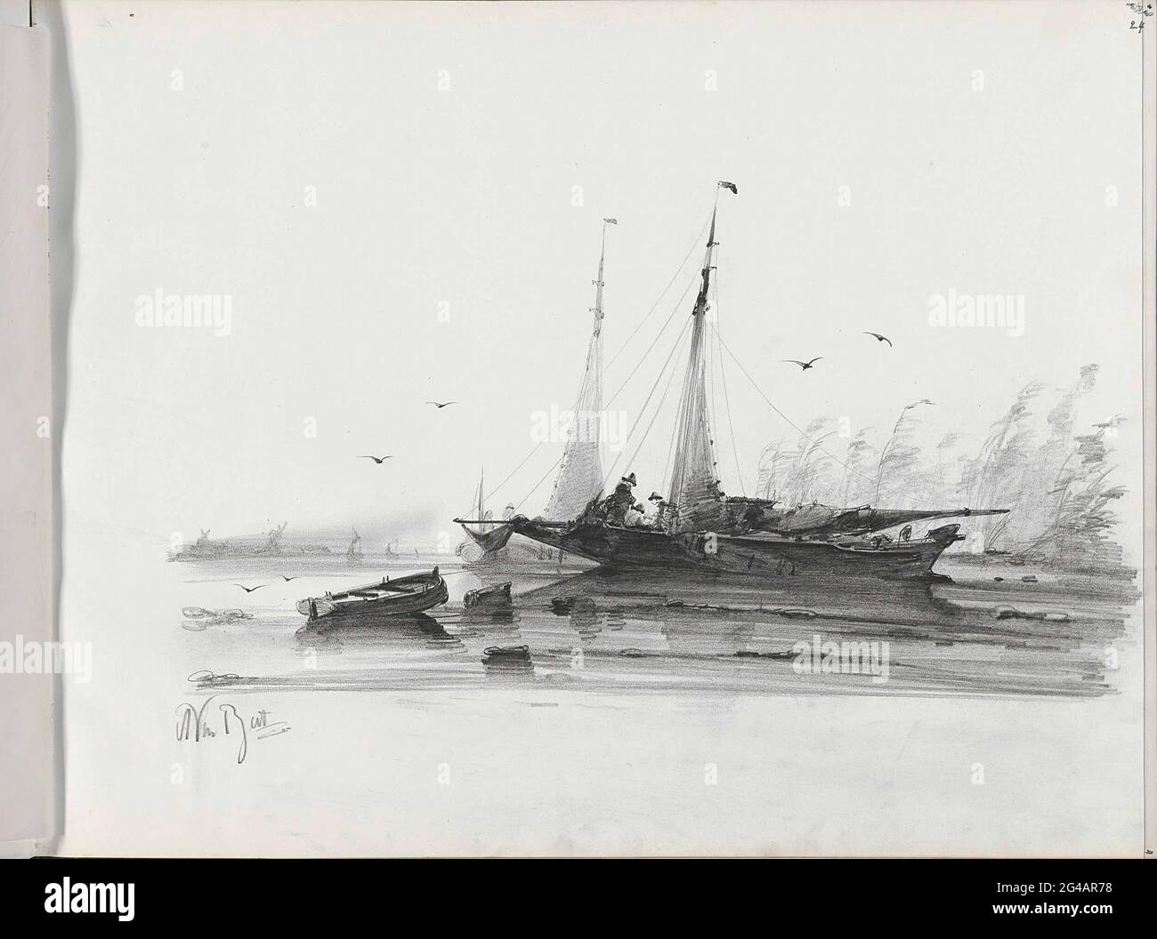 Figures on a moored sailing ship with a reed collar. In the background ...