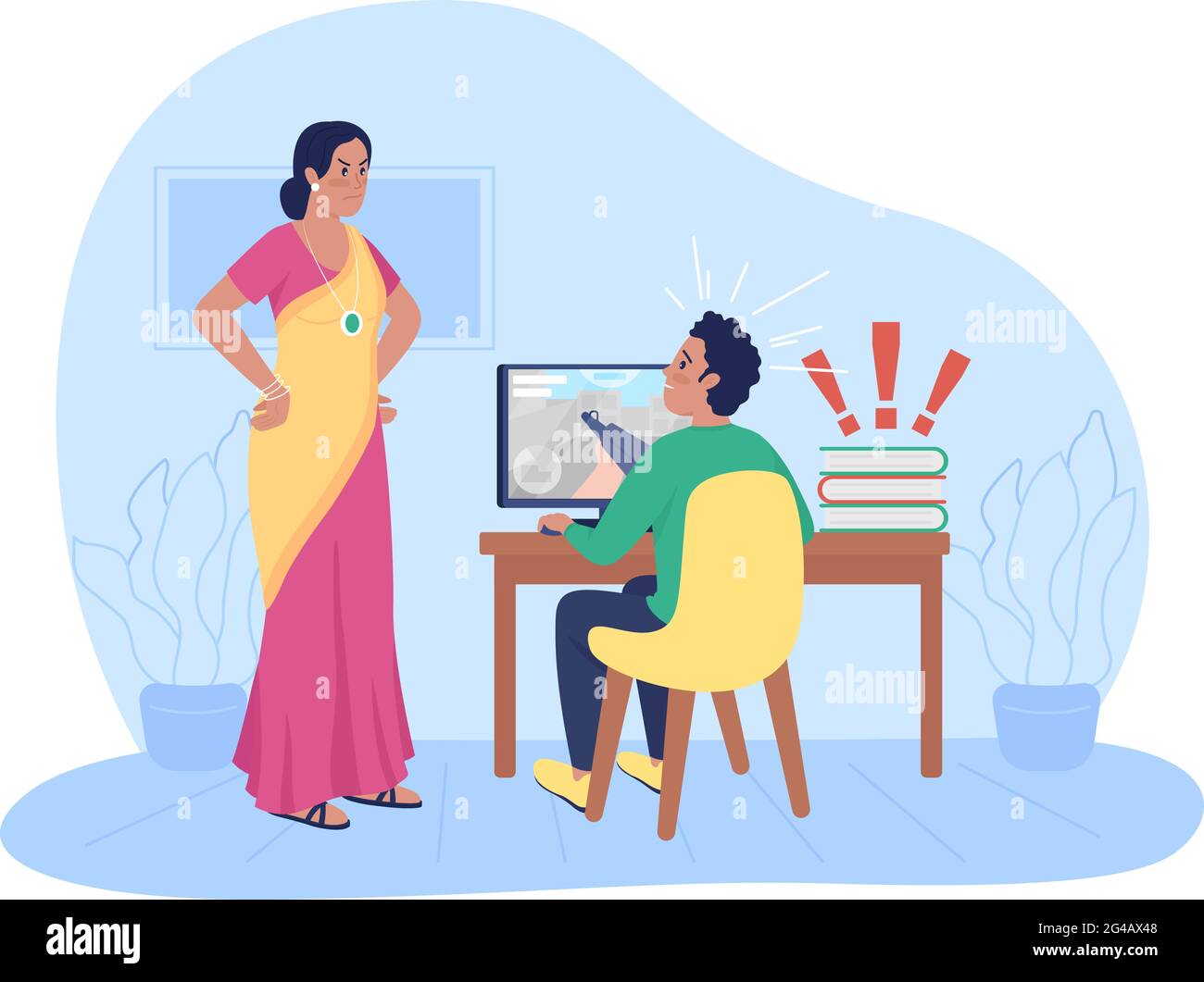 Unhappy mother argue with playing son 2D vector isolated illustration ...