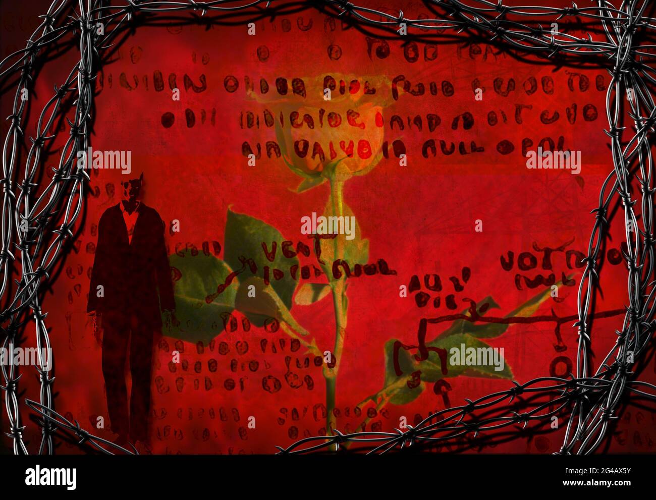 Red rose and barbed wire frame. Skeleton and mysterious script. 3D ...