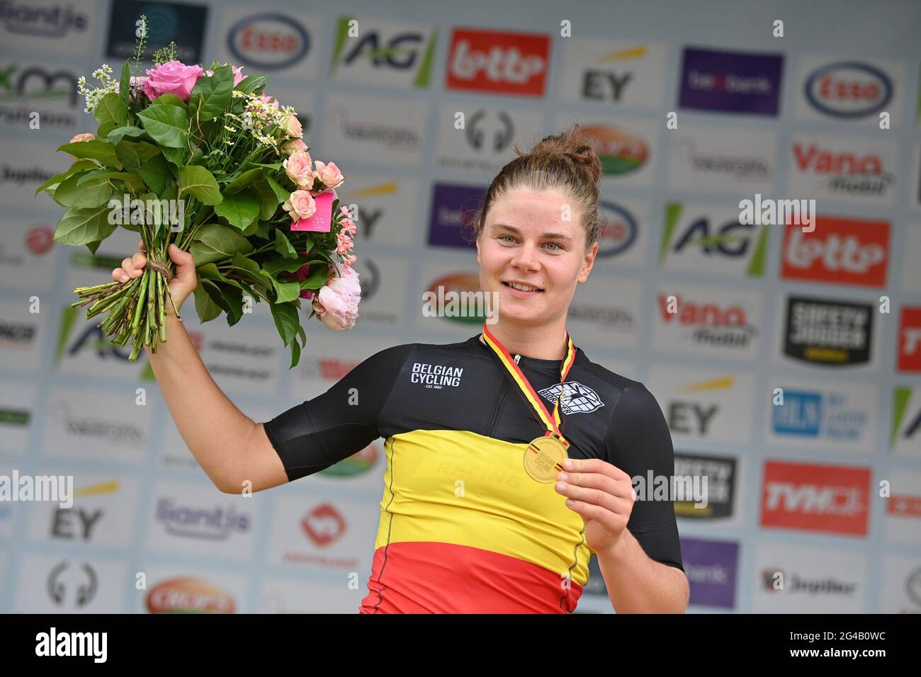 Belgian Lotte Kopecky celebrates on the podium after winning the women ...