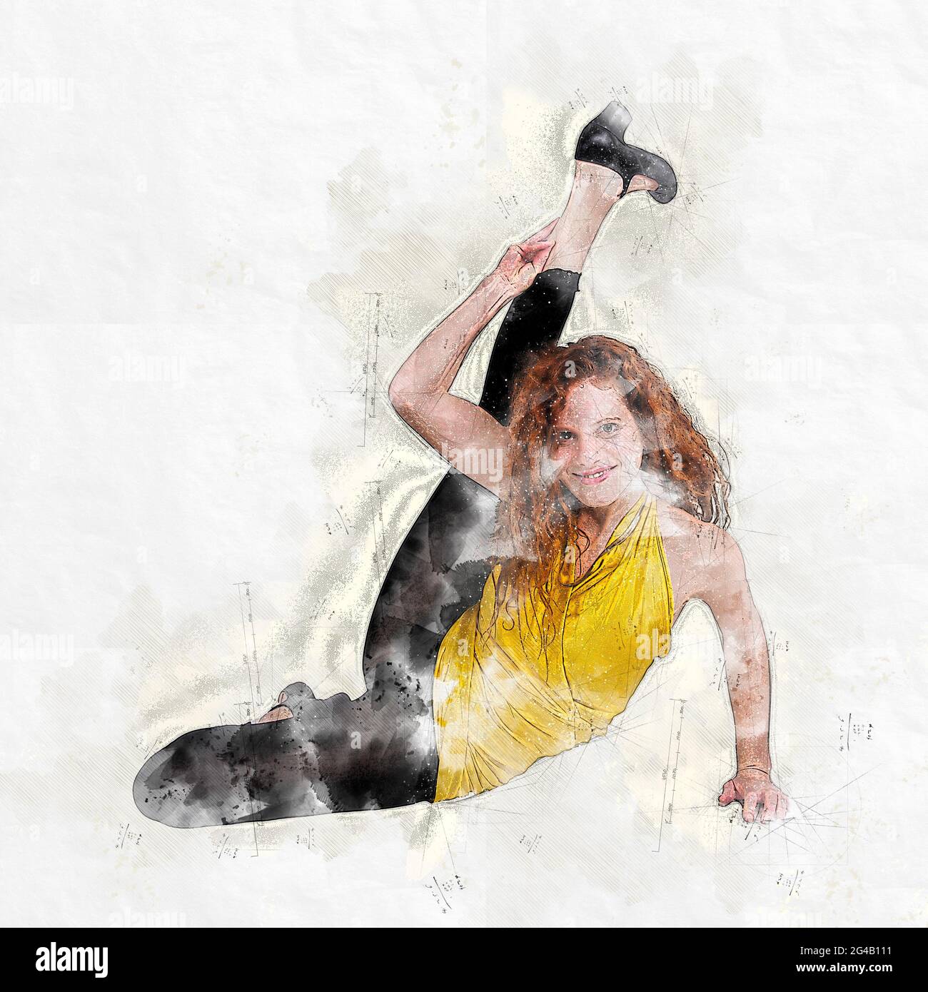 Digitally enhanced Flexibility concept red haired female model ...