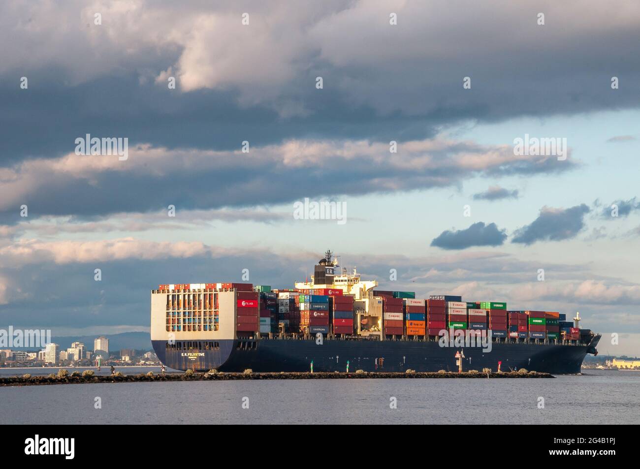 Liberian-flagged container ship E.R. Felixstowe departing the Port of ...