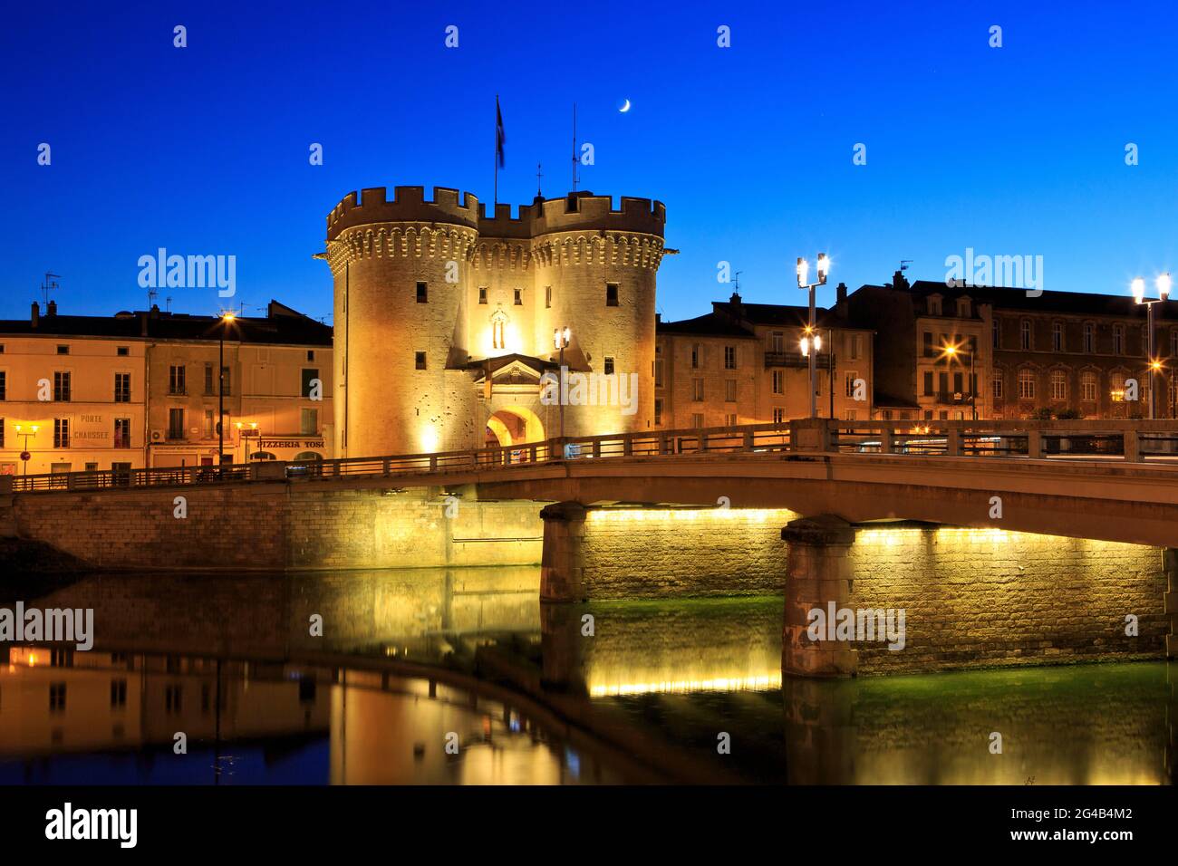 The medieval Gothic Chaussee Gate aka Chaussee Tower (1380) at dusk in ...