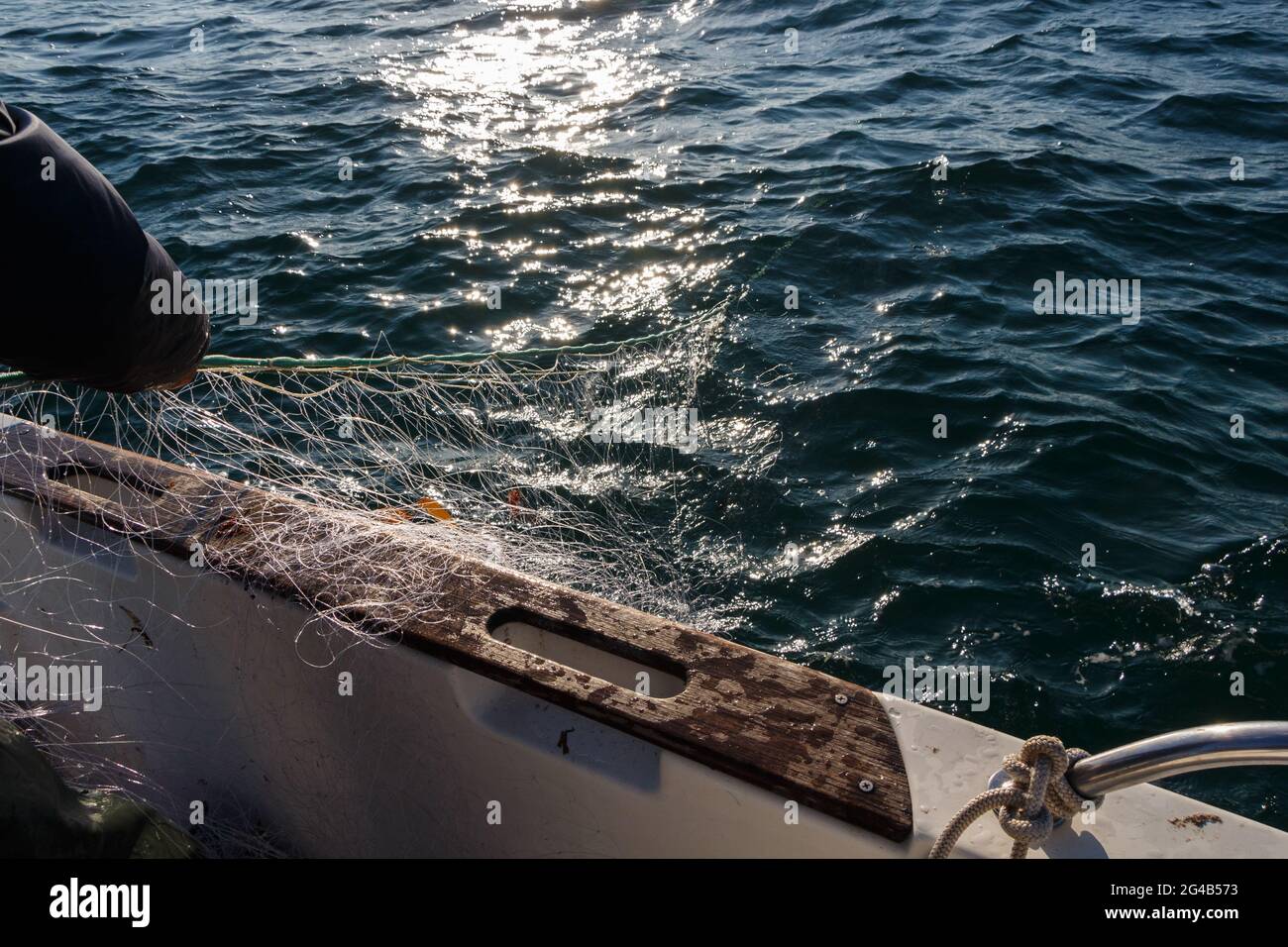 Fisherman bringing back net in a boat in Brittany Stock Photo - Alamy