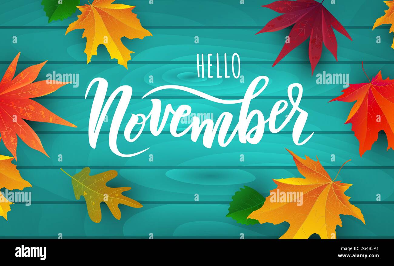 November text. Hand lettering typography with bright autumn leaves ...