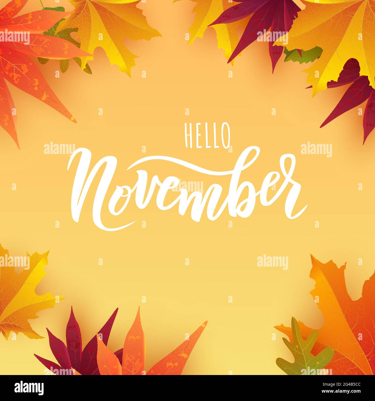 November text. Hand lettering typography with bright autumn leaves ...