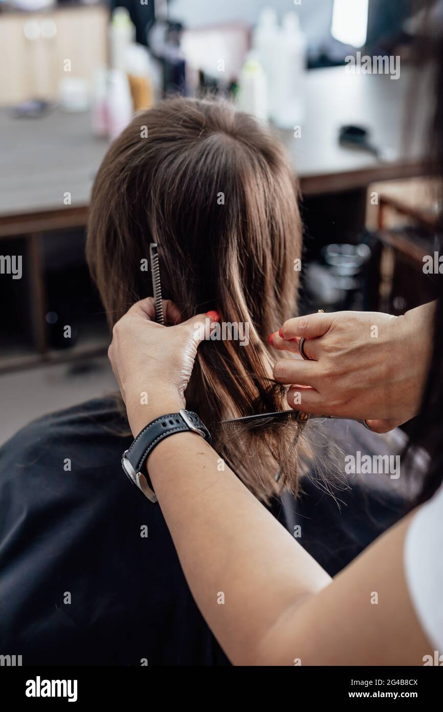 Woman getting a new haircut. Female hairstylist cutting her long black ...