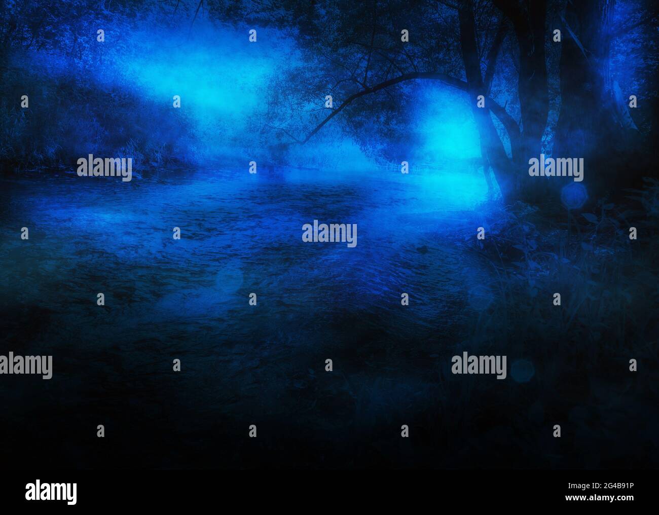 Abstract night forest and a small river, a fantasy landscape Stock ...