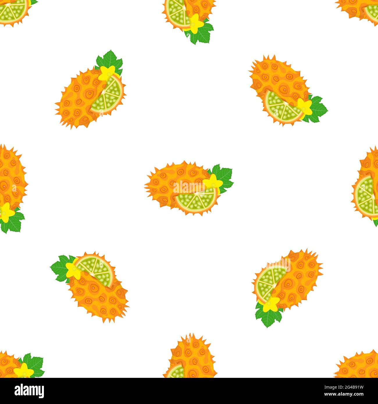 Seamless pattern with fresh yellow kiwano fruit and flowers isolated on ...