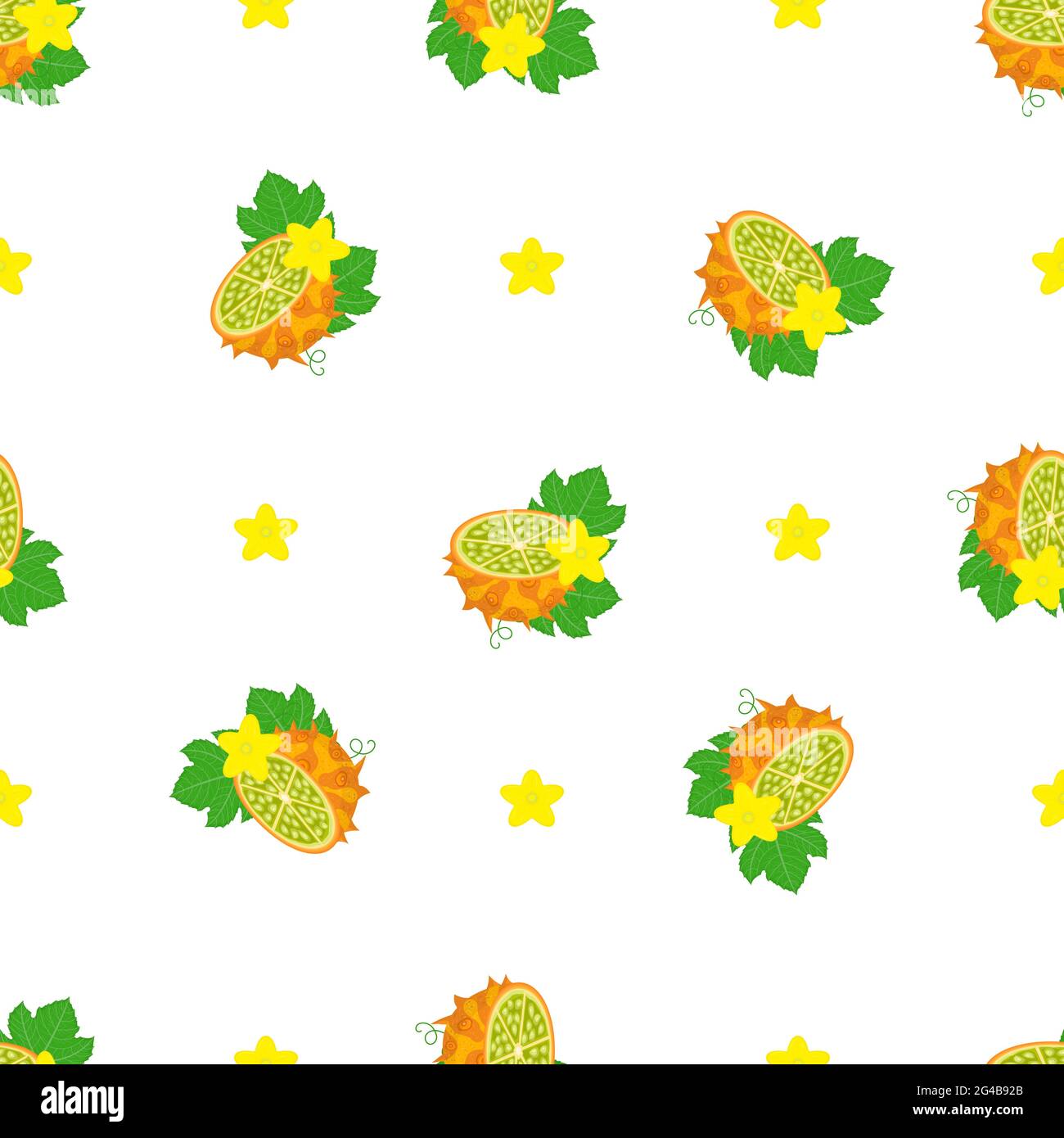 Seamless pattern with fresh yellow kiwano fruit and flowers isolated on ...