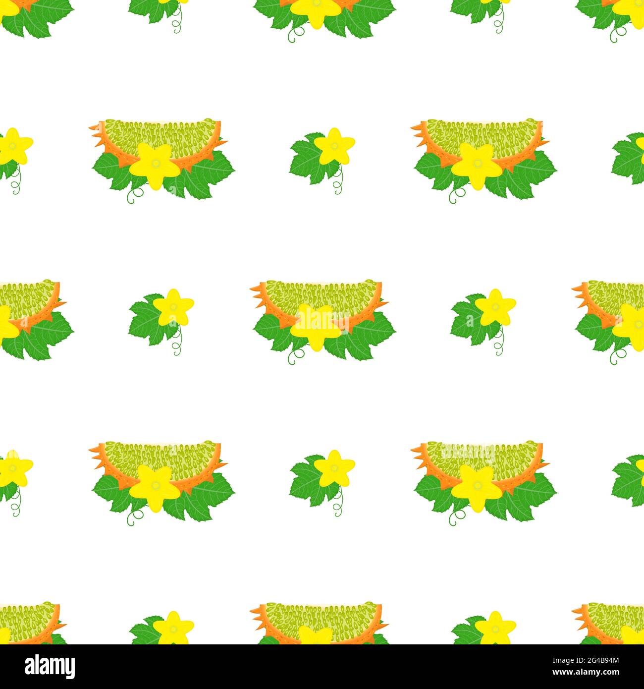 Seamless pattern with fresh yellow kiwano fruit and flowers isolated on ...