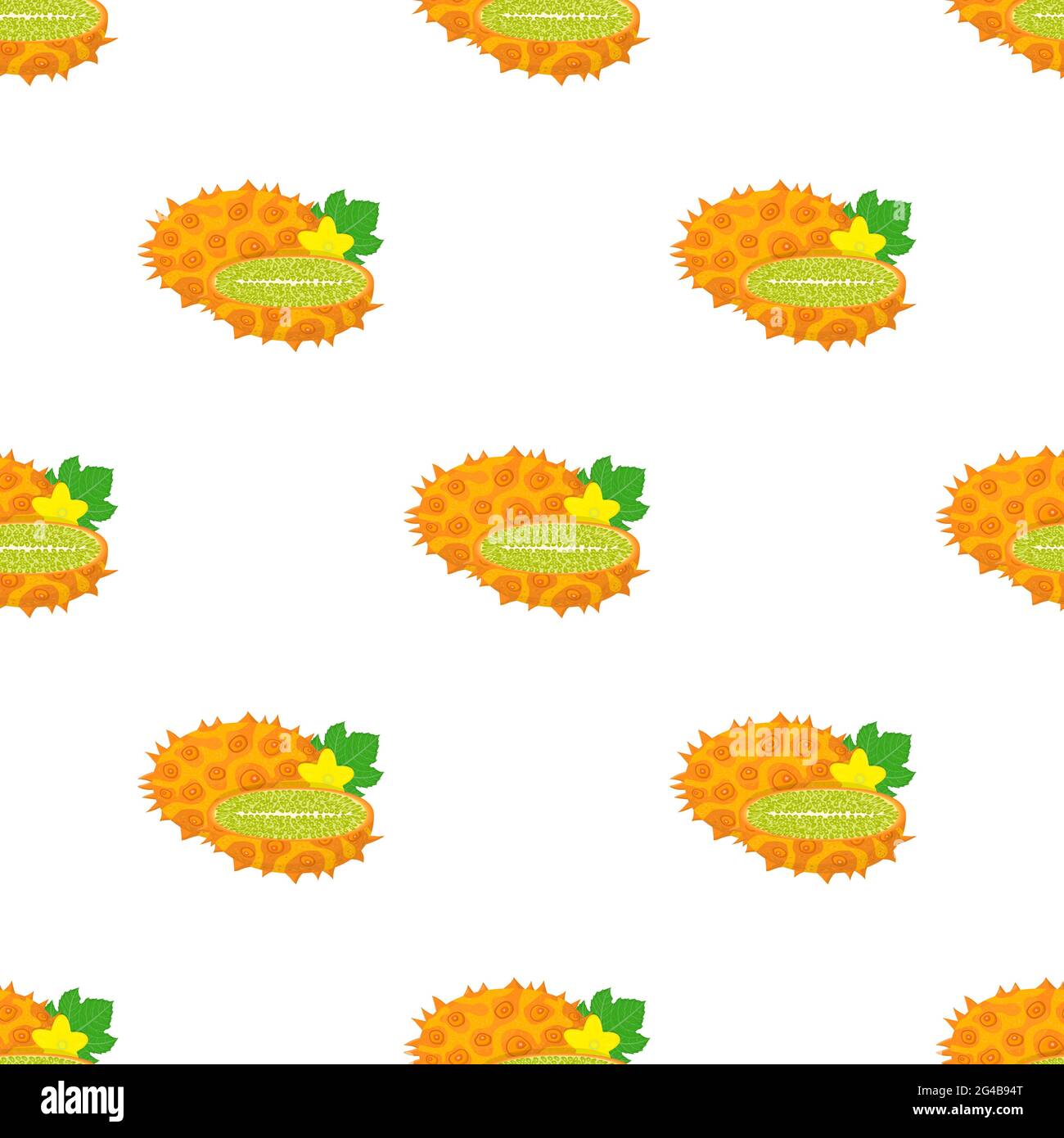 Seamless pattern with fresh yellow kiwano fruit and flowers isolated on ...