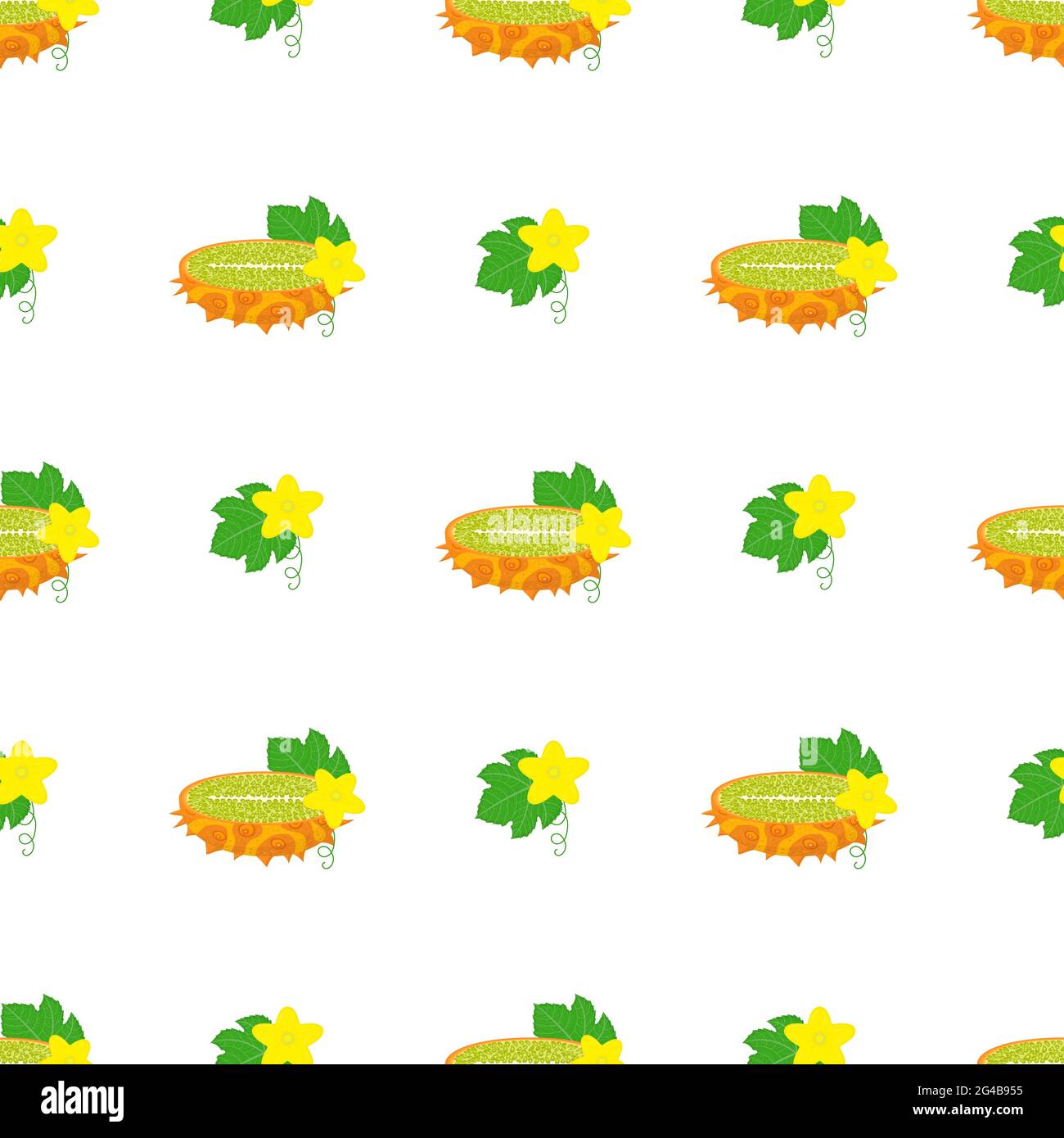 Seamless pattern with fresh yellow kiwano fruit and flowers isolated on ...