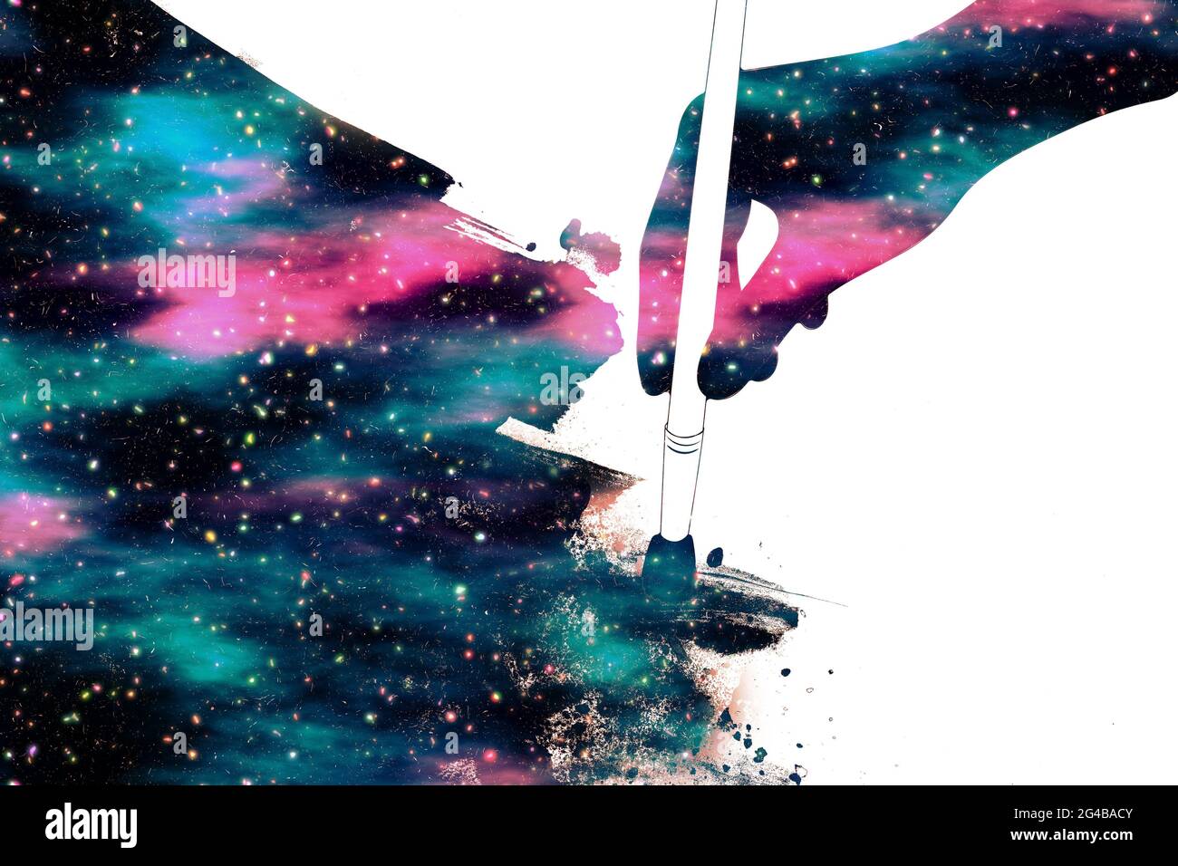 Human hand holding paintbrush and abstract starry space design Stock ...