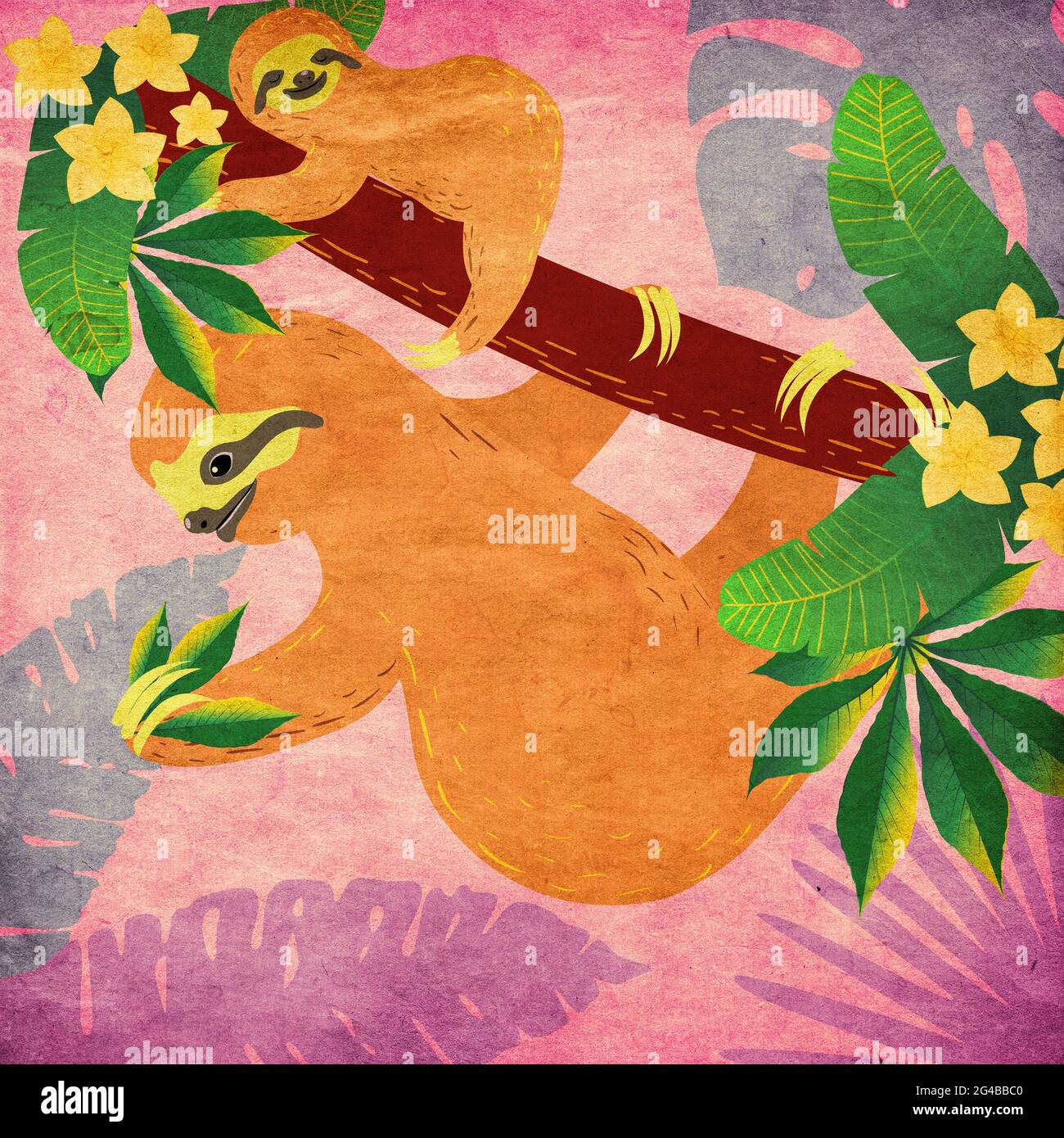 Cute cartoon sloth mother with the baby and tropical leaves grunge ...