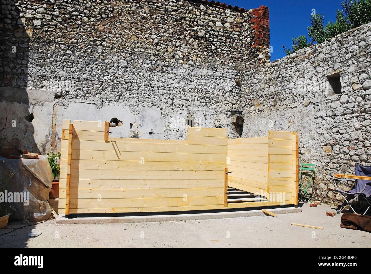 A concrete base for building a small prefabricated wooden cabin on. The ...