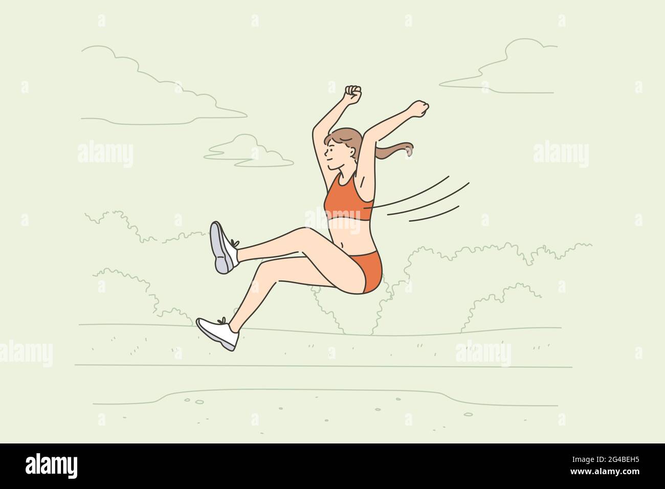 Professional long jump athlete concept. Positive young woman long jump ...