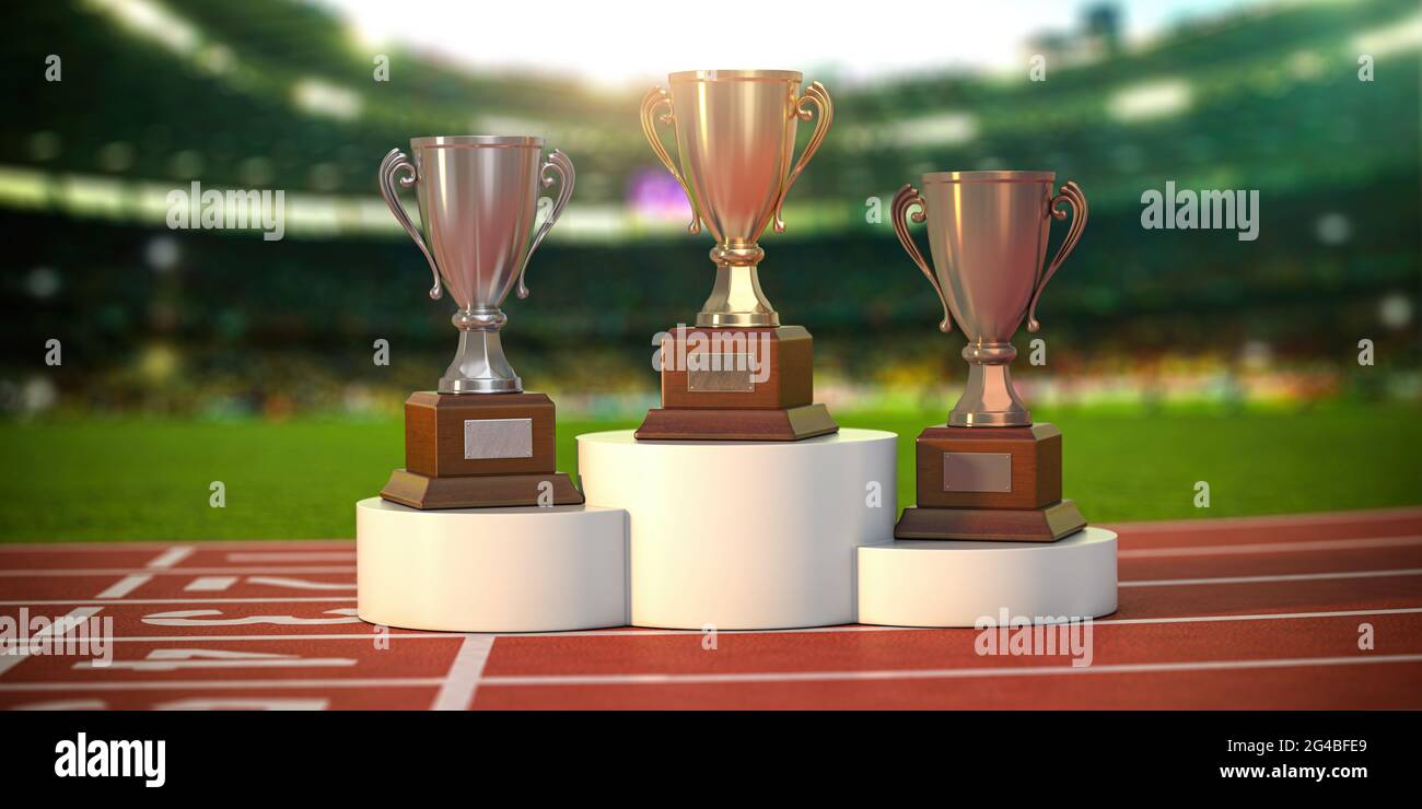 Sport trophy cups on pedestal at the stadium. Competition, championship ...