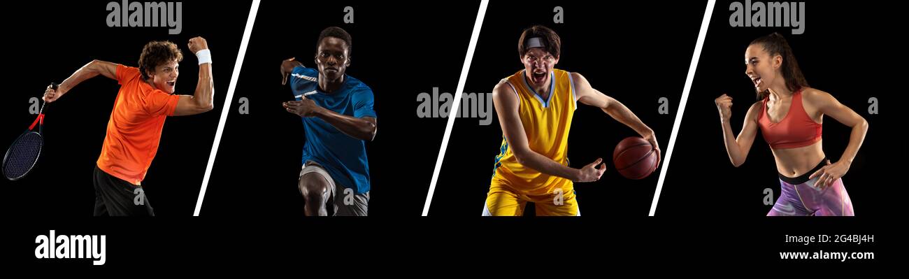 Collage of different professional sportsmen, fit people in action and ...