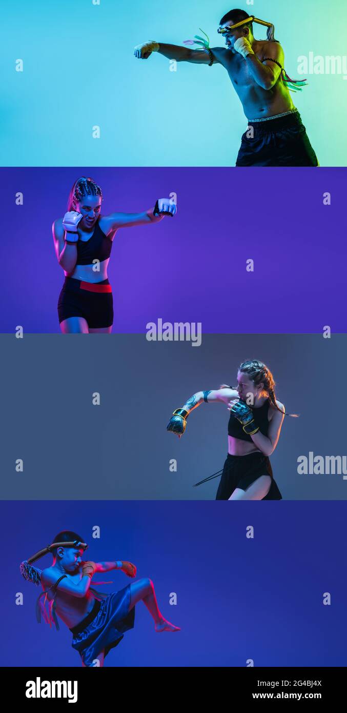 Men against women. Young MMA fighters practicing isolated over blue ...