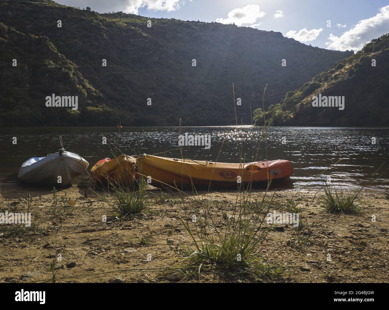 The kayak boats on the shore of the lake at daylight Stock Photo - Alamy