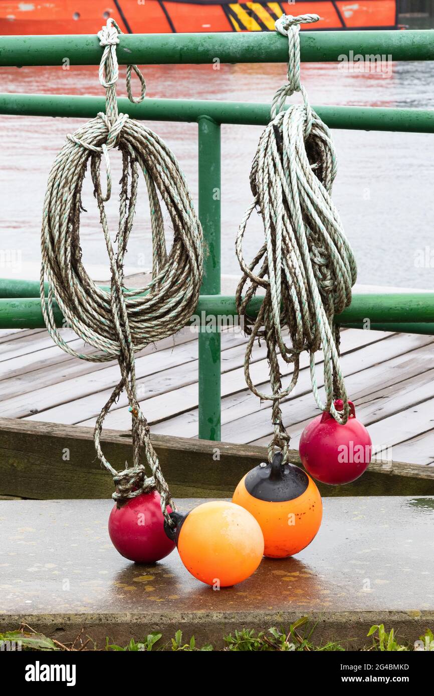 Four round marker buoys hang on coiled ropes on a railing Stock Photo ...