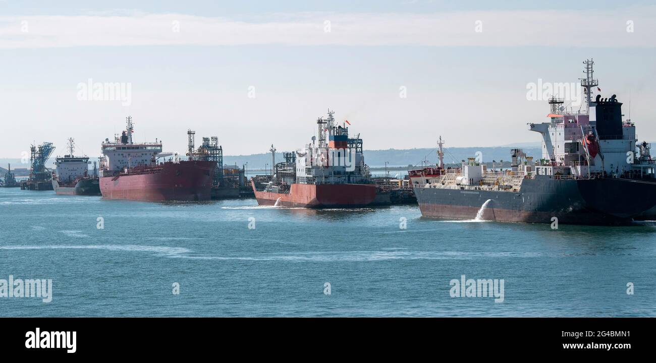 England, UK. 2021. Chemical, gas and oil tankers alongside a refinery ...