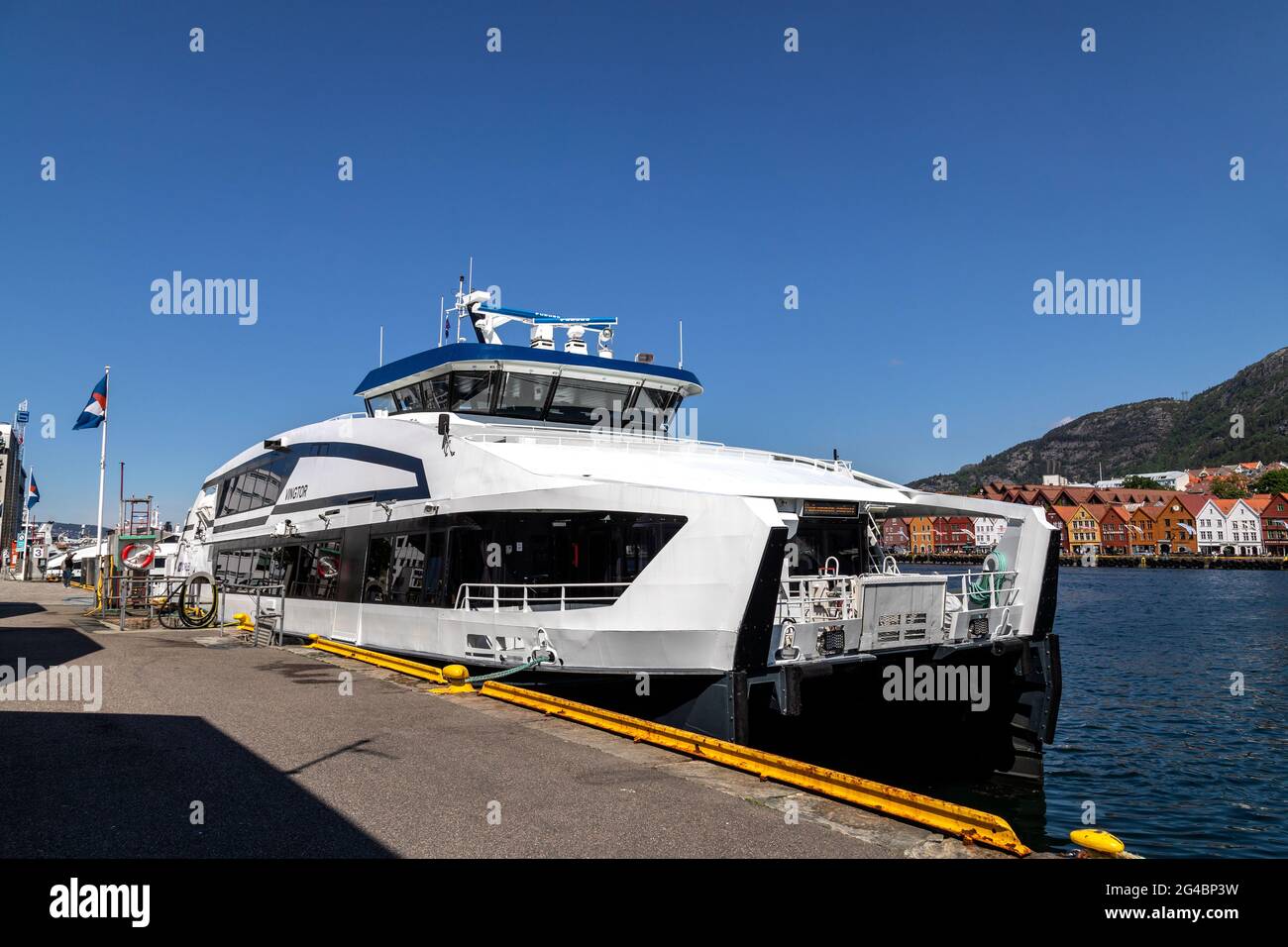 High speed passenger catamaran Vingtor moored in the port of Bergen ...