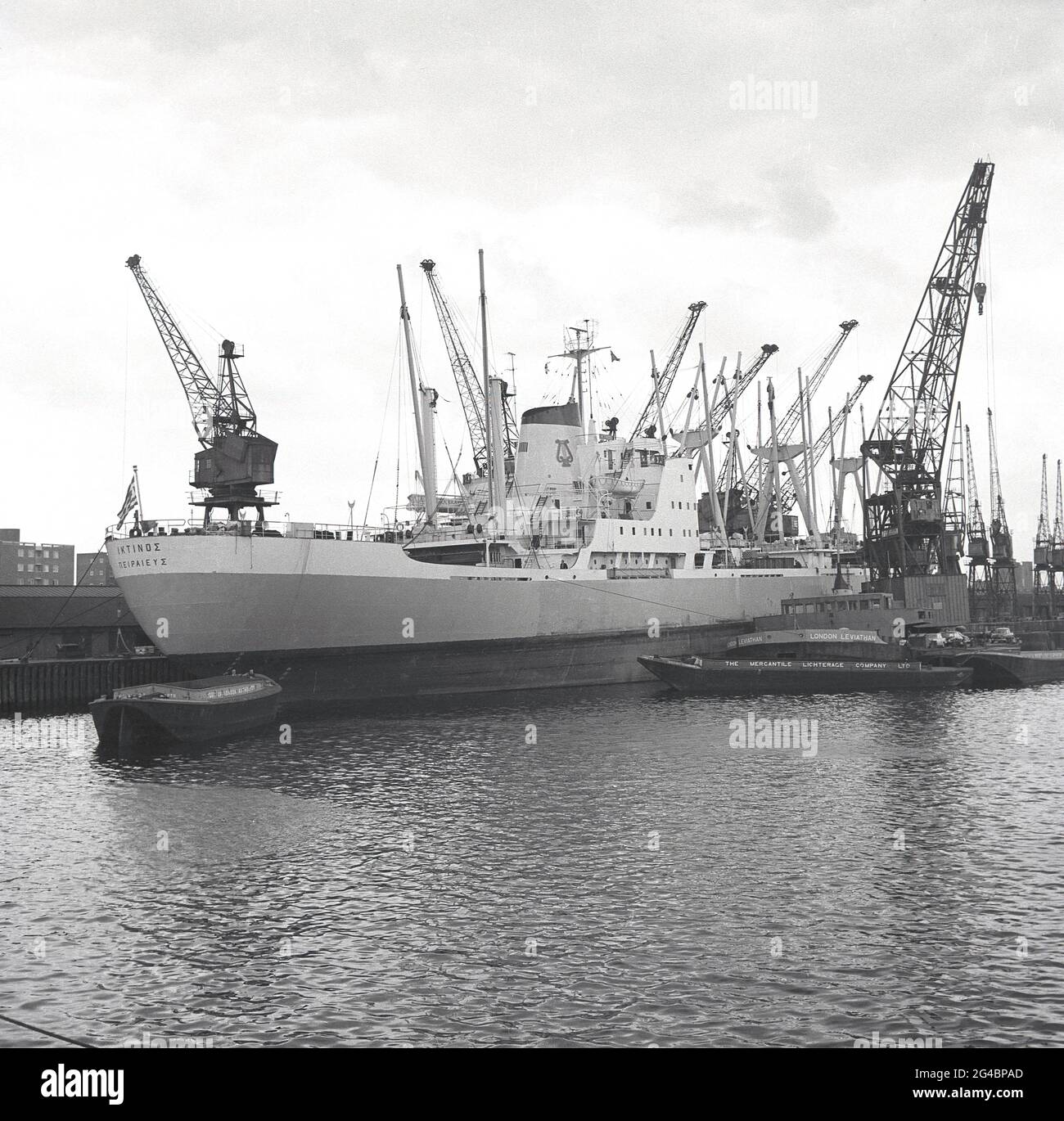 1960s, historical, Greek cargo ship, 'IKTINOS' moored at Tilbury Docks ...