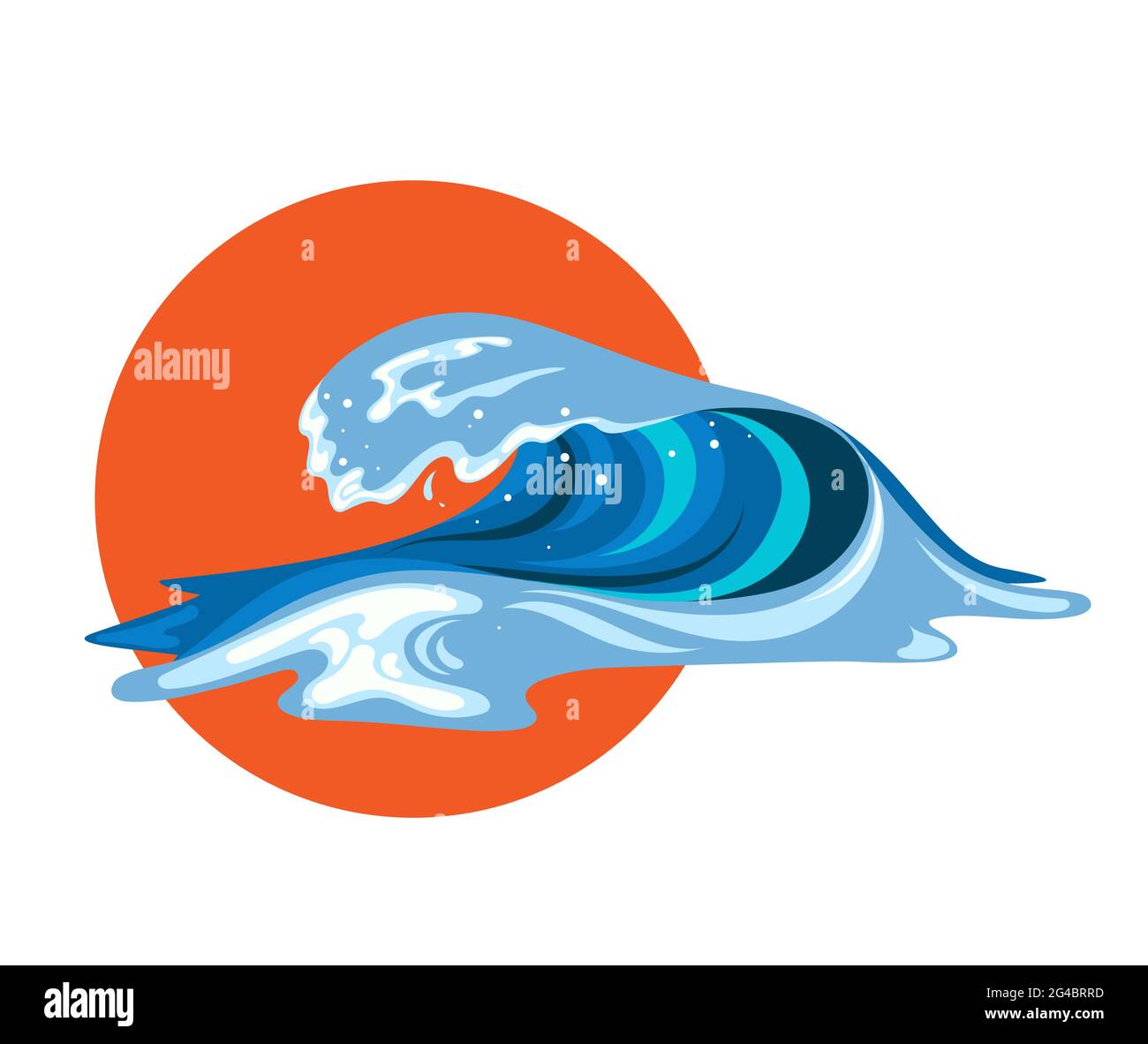 Japanes Tsumani wave in flat cartoon style. Big blue tropical water ...