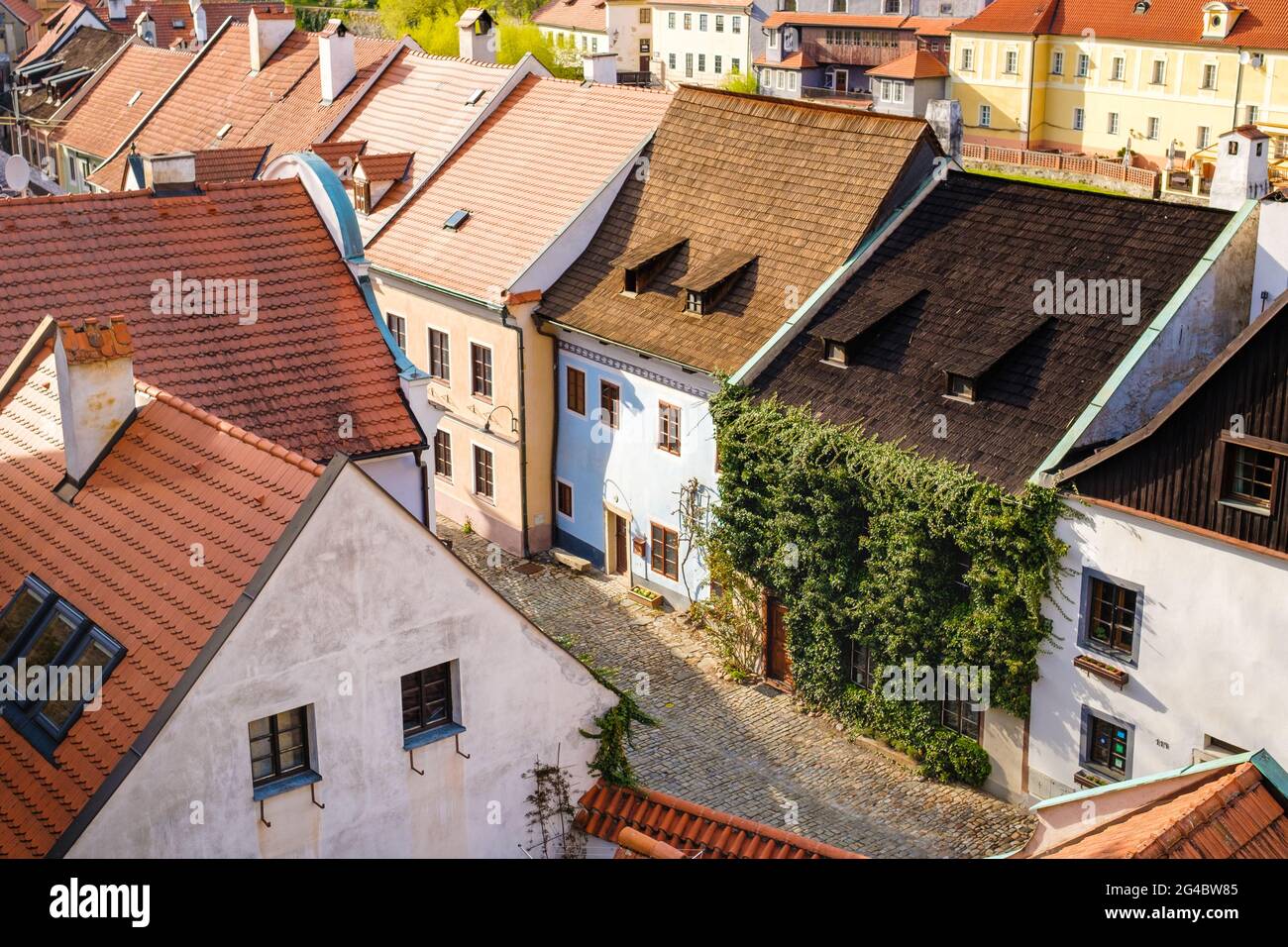Top view on the green and small houses in old town in Cesky Krumlov ...
