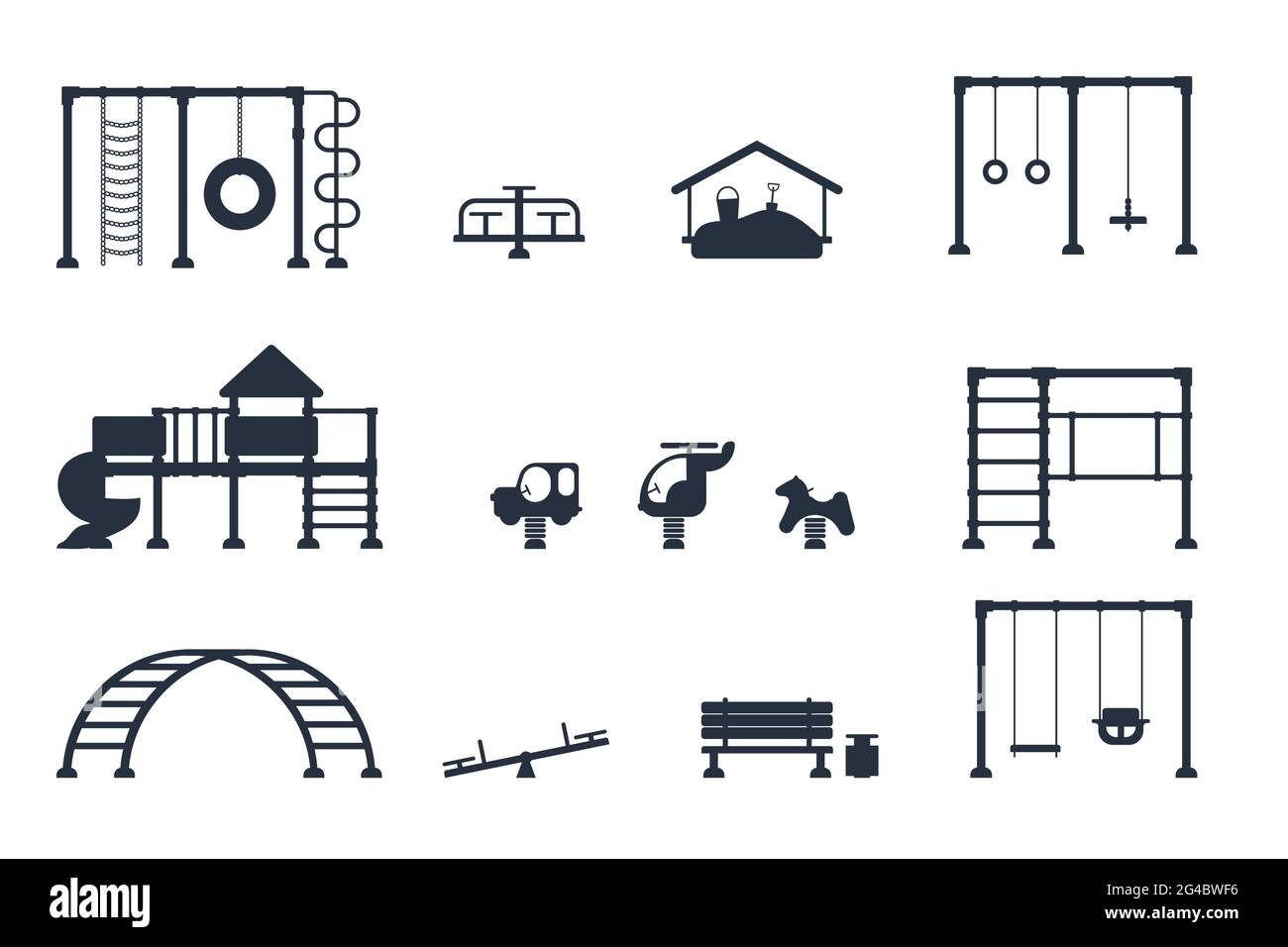 Kids playground. Set of black icons of playing equipment elements. City ...