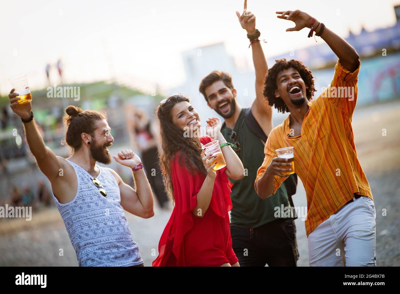 Group of friends having fun, traveling, smiling together outdoors Stock ...