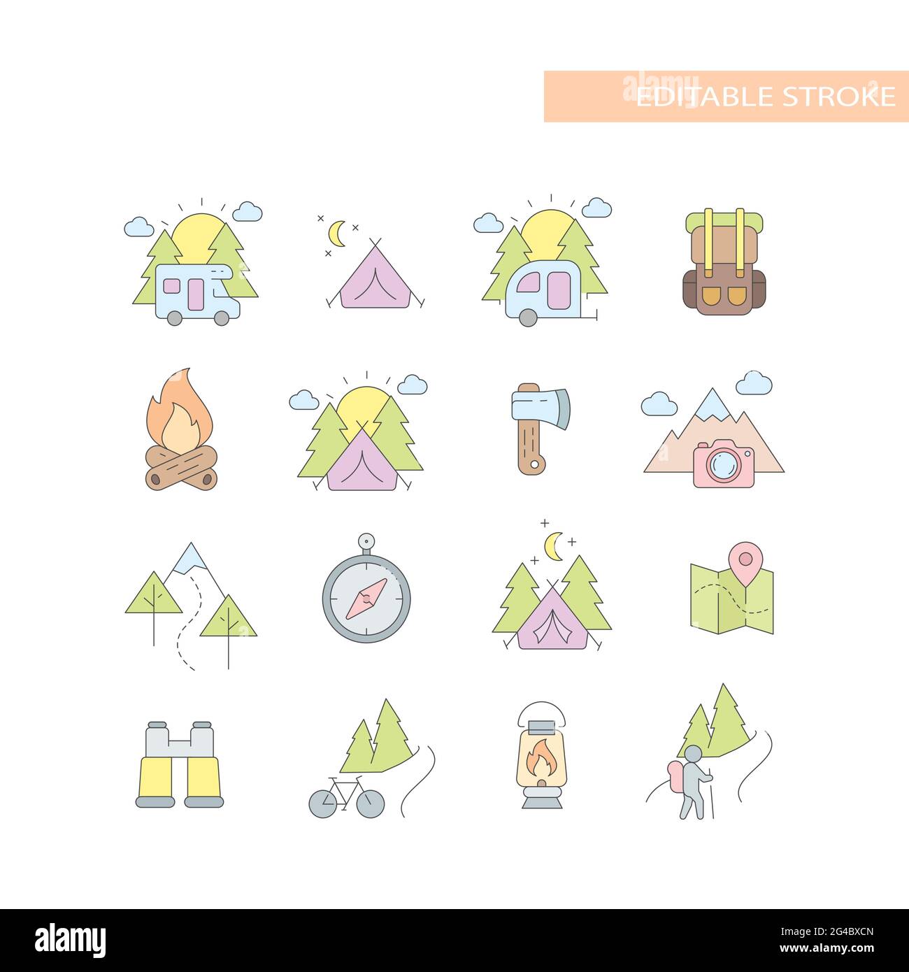 Outdoors, nature activities line icon set. Colorful, cute camping and ...