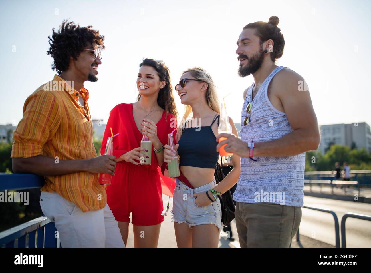 Group of happy friends people having fun together outdoors Stock Photo ...