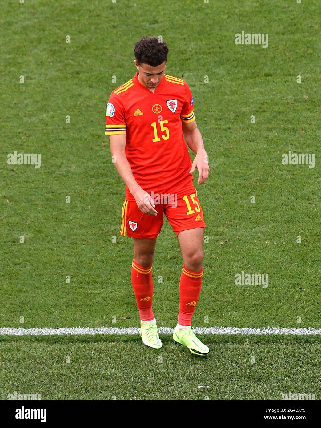 Wales' Ethan Ampadu reacts after his red card during the UEFA Euro 2020 ...