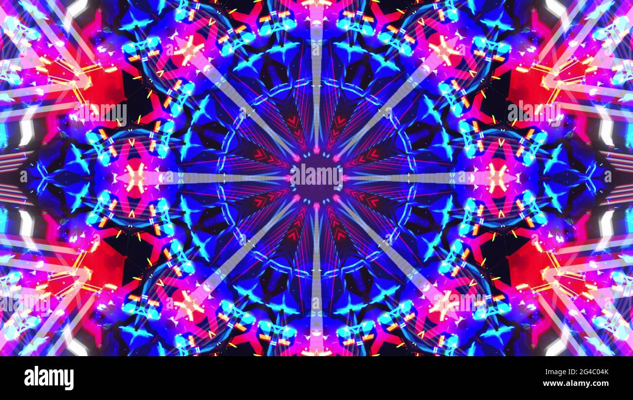 A kaleidoscope background with bright patterns, blue and pink colors ...