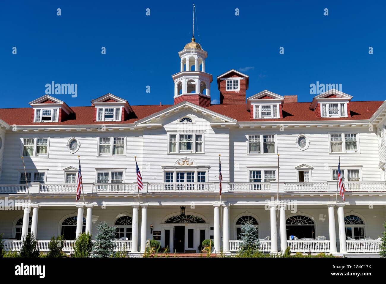 Stanley Hotel - A closeup wide-angle view of the front facade of the ...