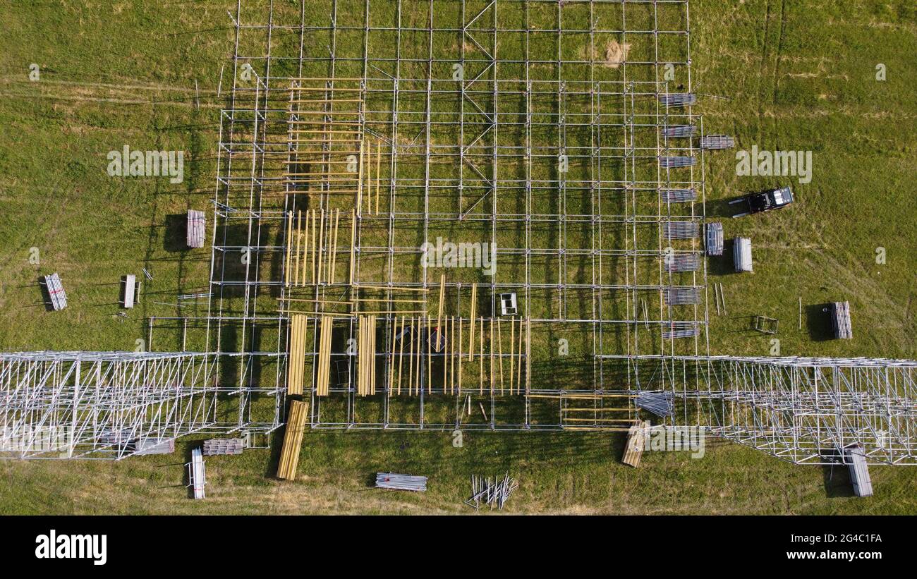installation of a stage for a concert in the park. Aerial view Stock ...