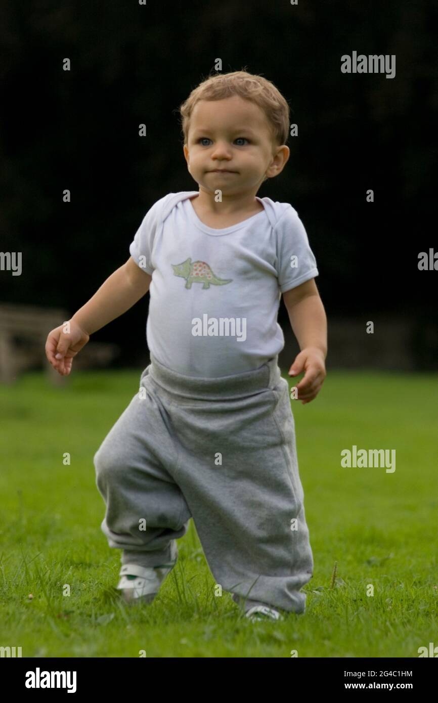 happy little toddler boy taking his first steps outdoors Stock Photo ...