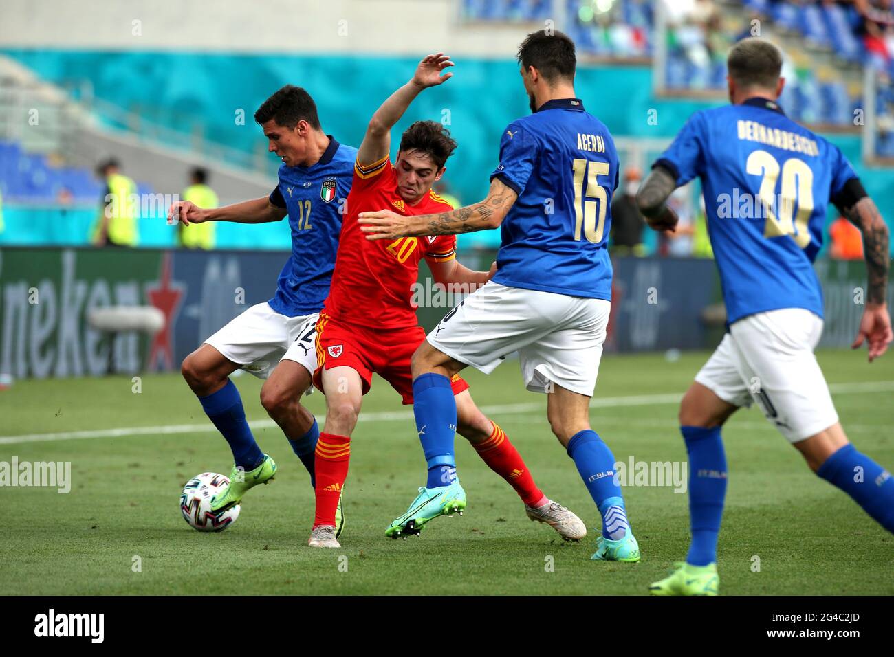 ROME, ITALY - JUNE 20: Daniel James of Wales competes for the ball with ...