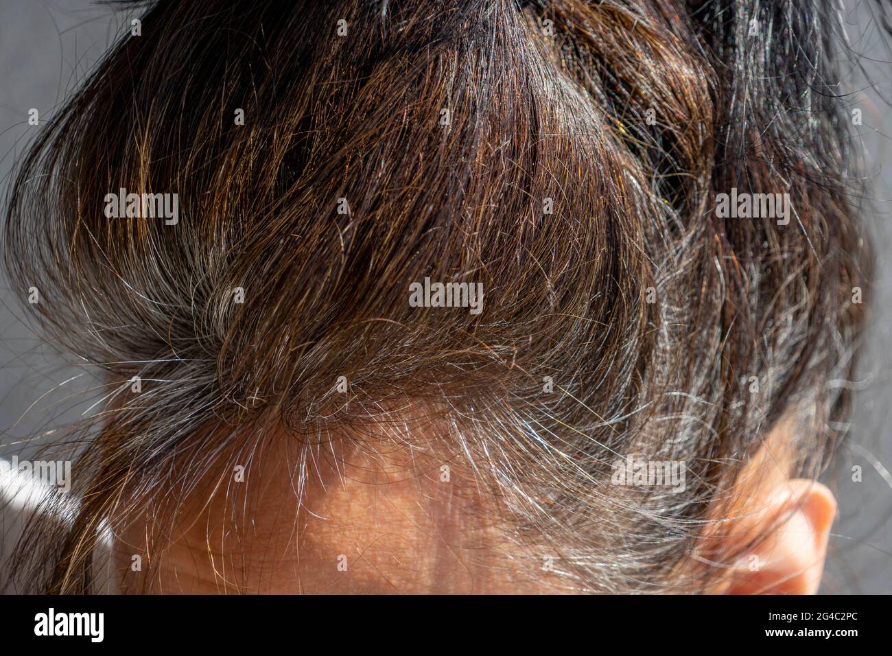 Close up of middle age caucasian woman with dark brown hair and regrown ...